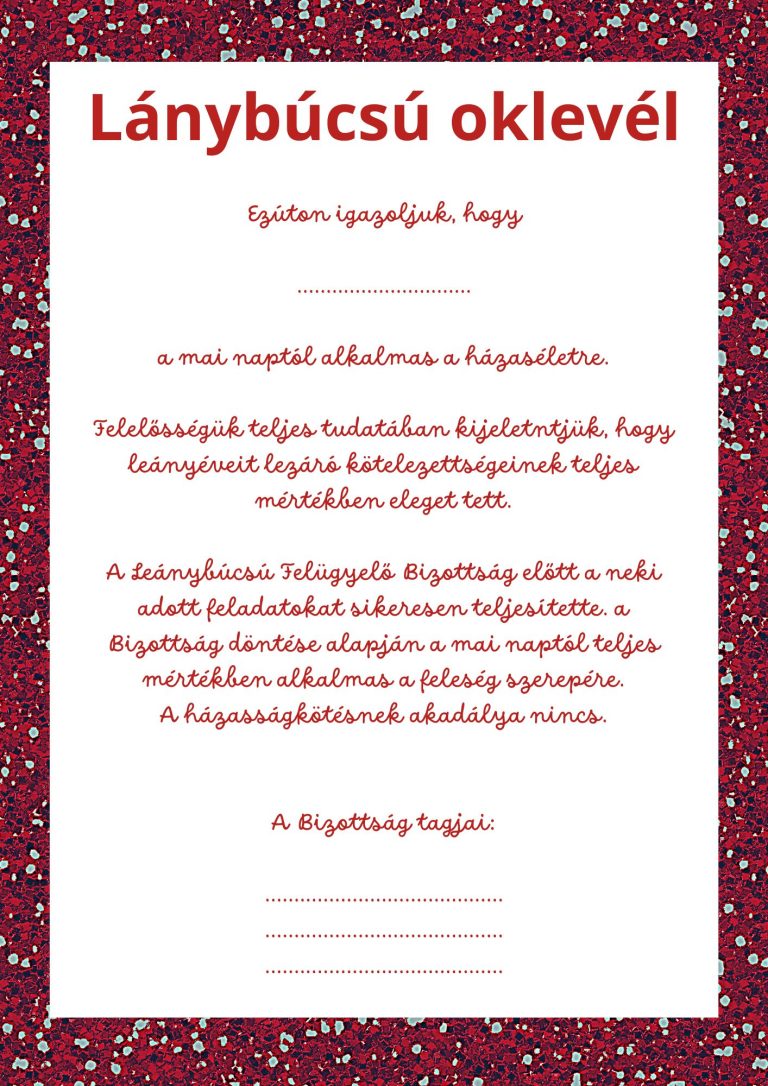 Lánybúcsú oklevél sablon - Oklevél minták